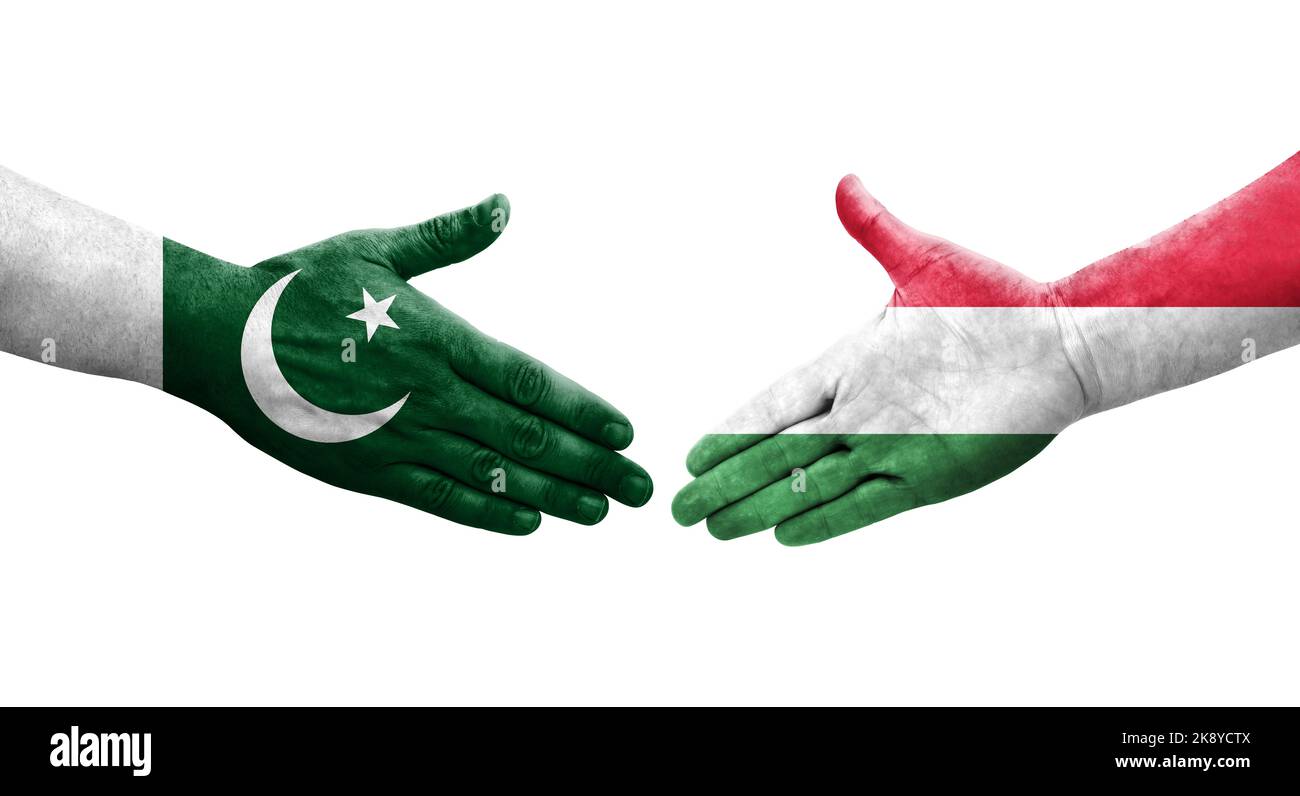 Handshake between Hungary and Pakistan flags painted on hands, isolated ...