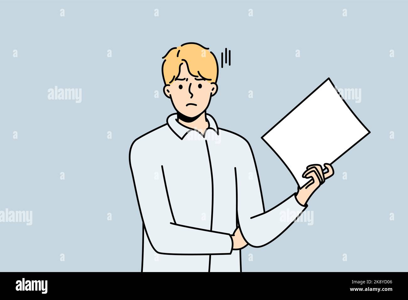 Unhappy young man stand with white paper document. Dissatisfied ...