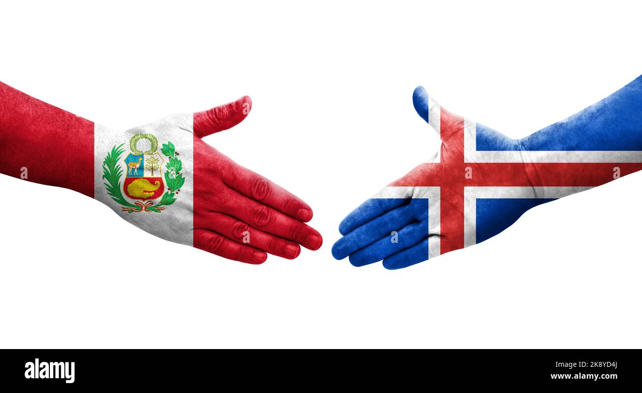 Handshake between Iceland and Peru flags painted on hands, isolated ...