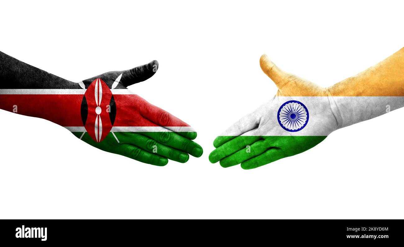 Handshake between India and Kenya flags painted on hands, isolated ...