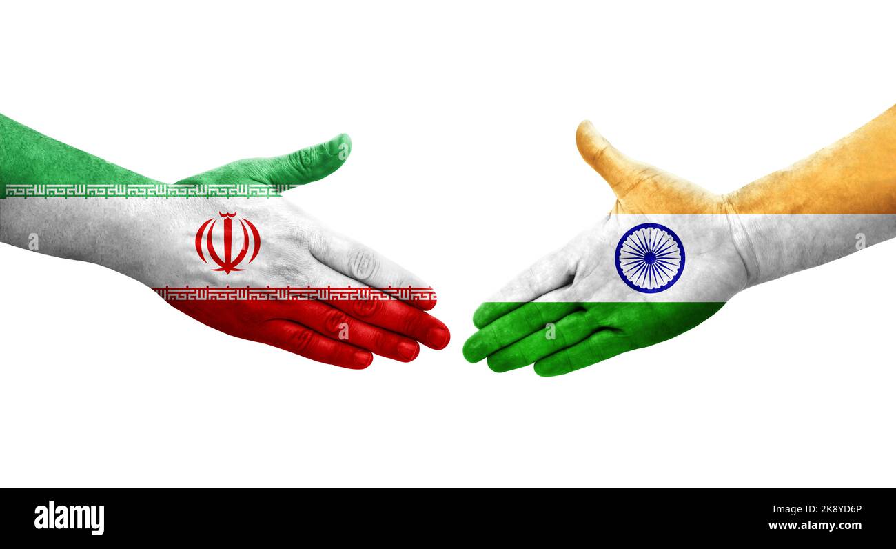 Handshake between India and Iran flags painted on hands, isolated ...