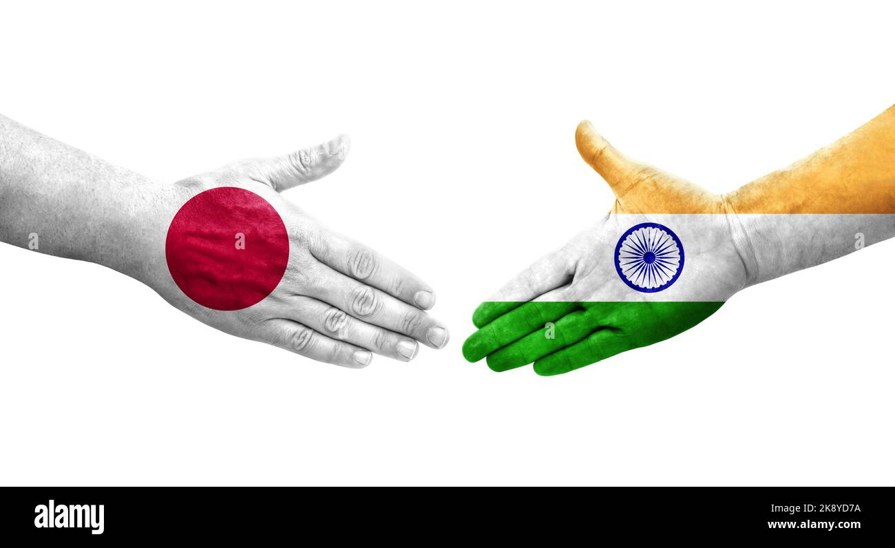 Handshake between India and Japan flags painted on hands, isolated ...