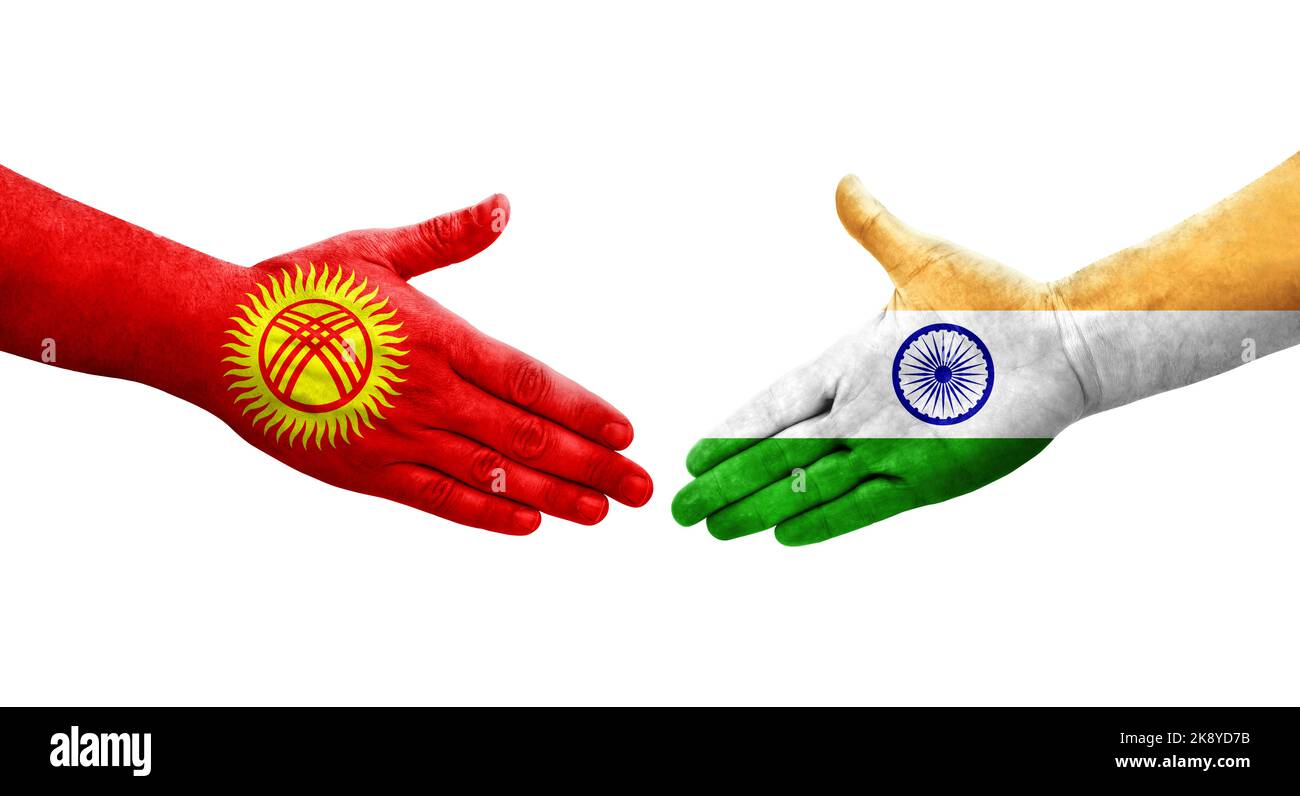 Handshake between India and Kyrgyzstan flags painted on hands, isolated ...