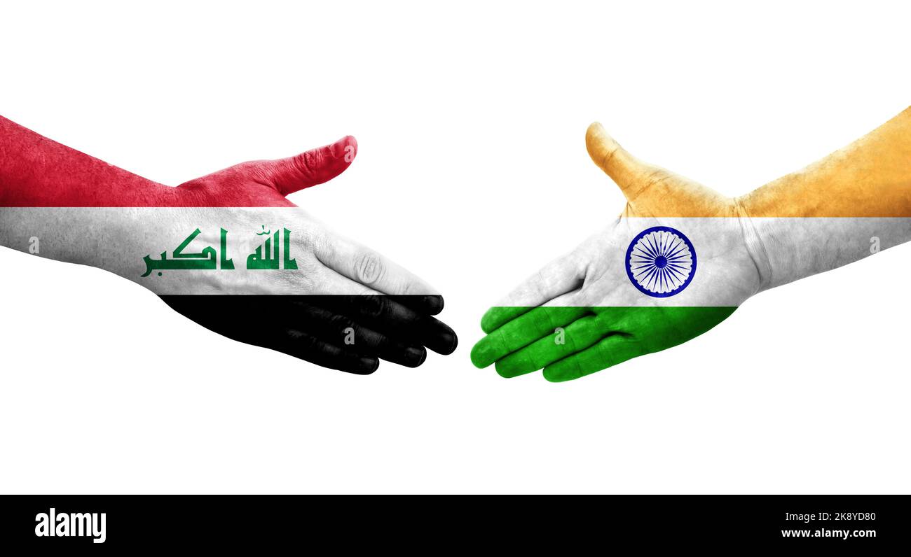 Handshake between India and Iraq flags painted on hands, isolated ...