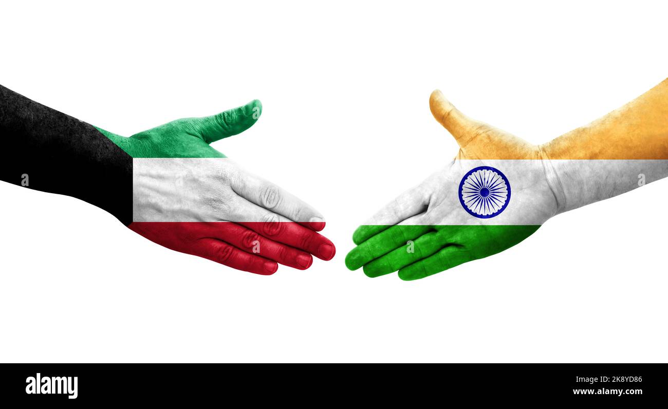 Handshake between India and Kuwait flags painted on hands, isolated ...