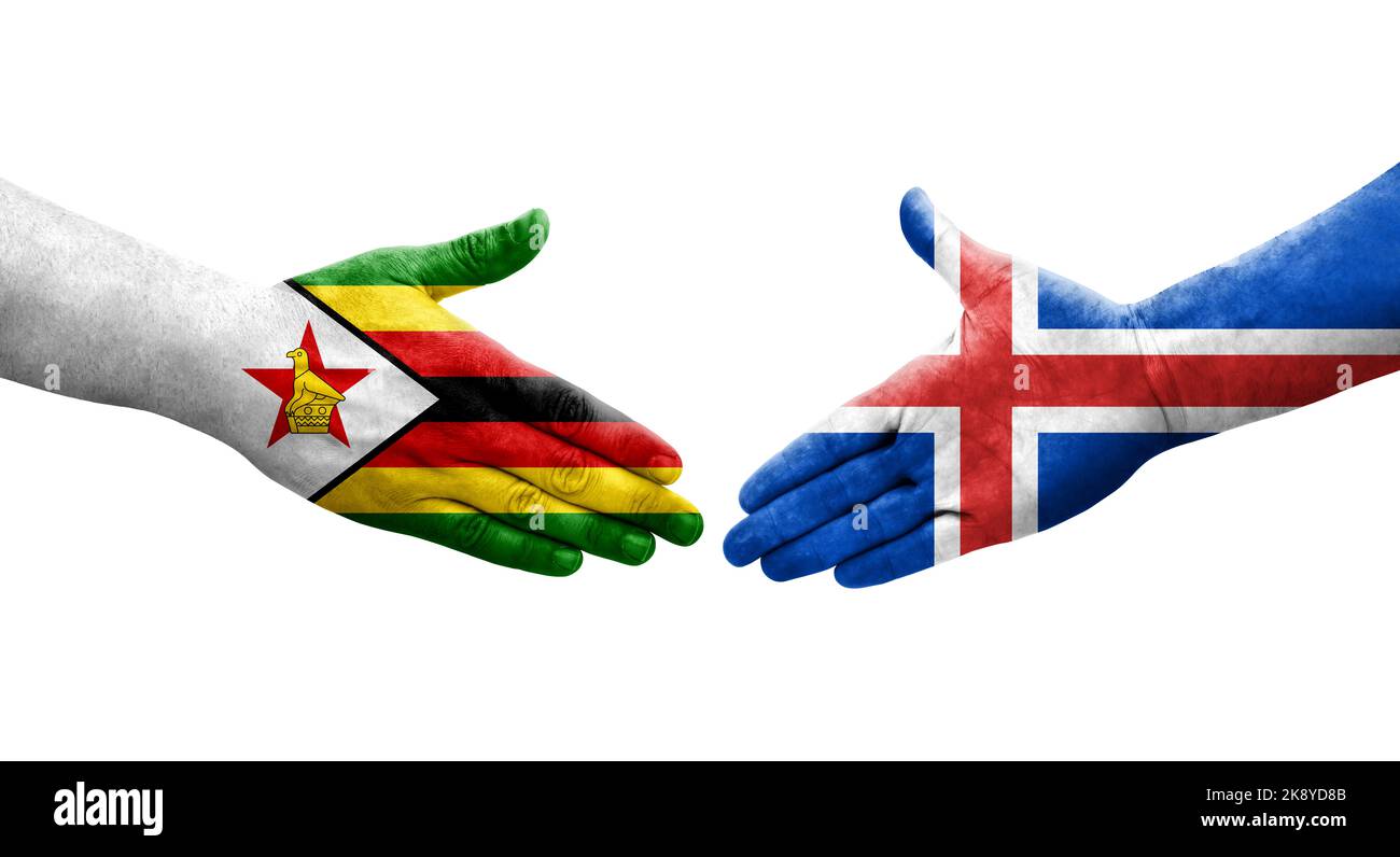 Handshake between Iceland and Zimbabwe flags painted on hands, isolated ...