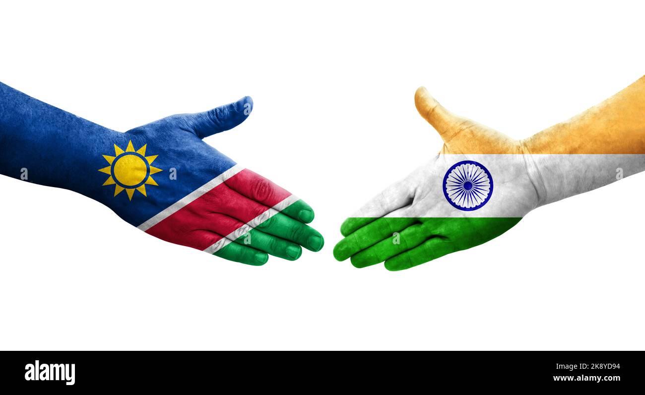 Handshake between India and Namibia flags painted on hands, isolated ...