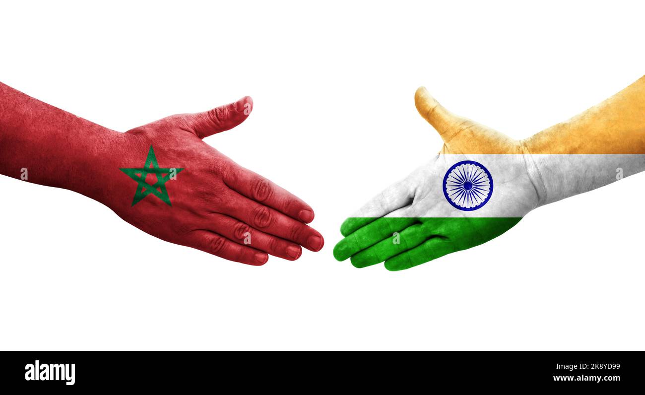 Handshake between India and Morocco flags painted on hands, isolated ...