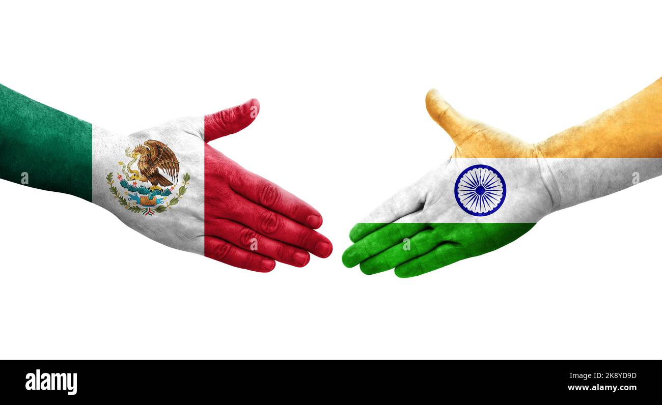 Handshake between India and Mexico flags painted on hands, isolated ...