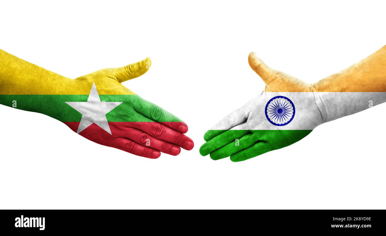 Handshake between India and Myanmar flags painted on hands, isolated ...