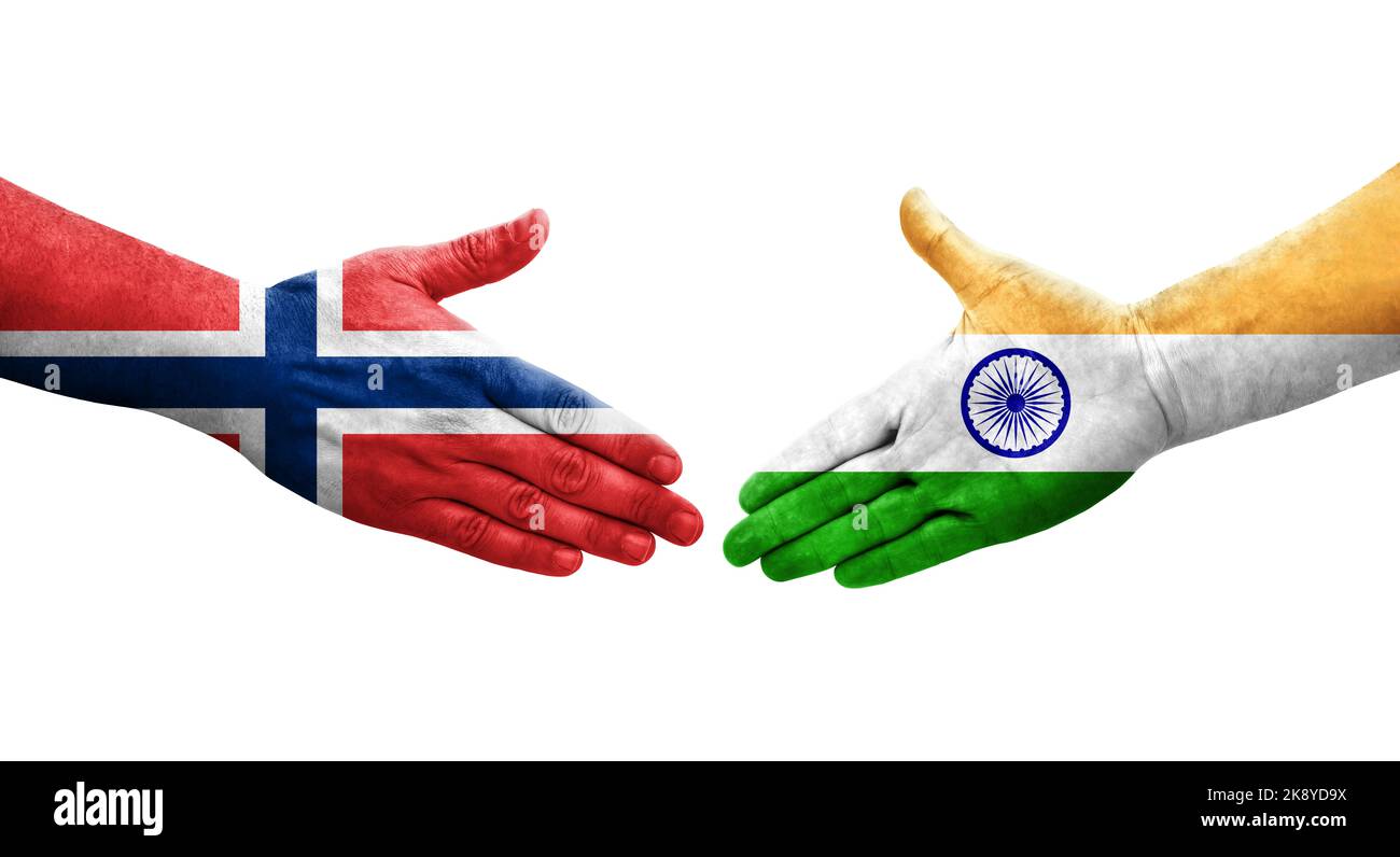 Handshake between India and Norway flags painted on hands, isolated ...