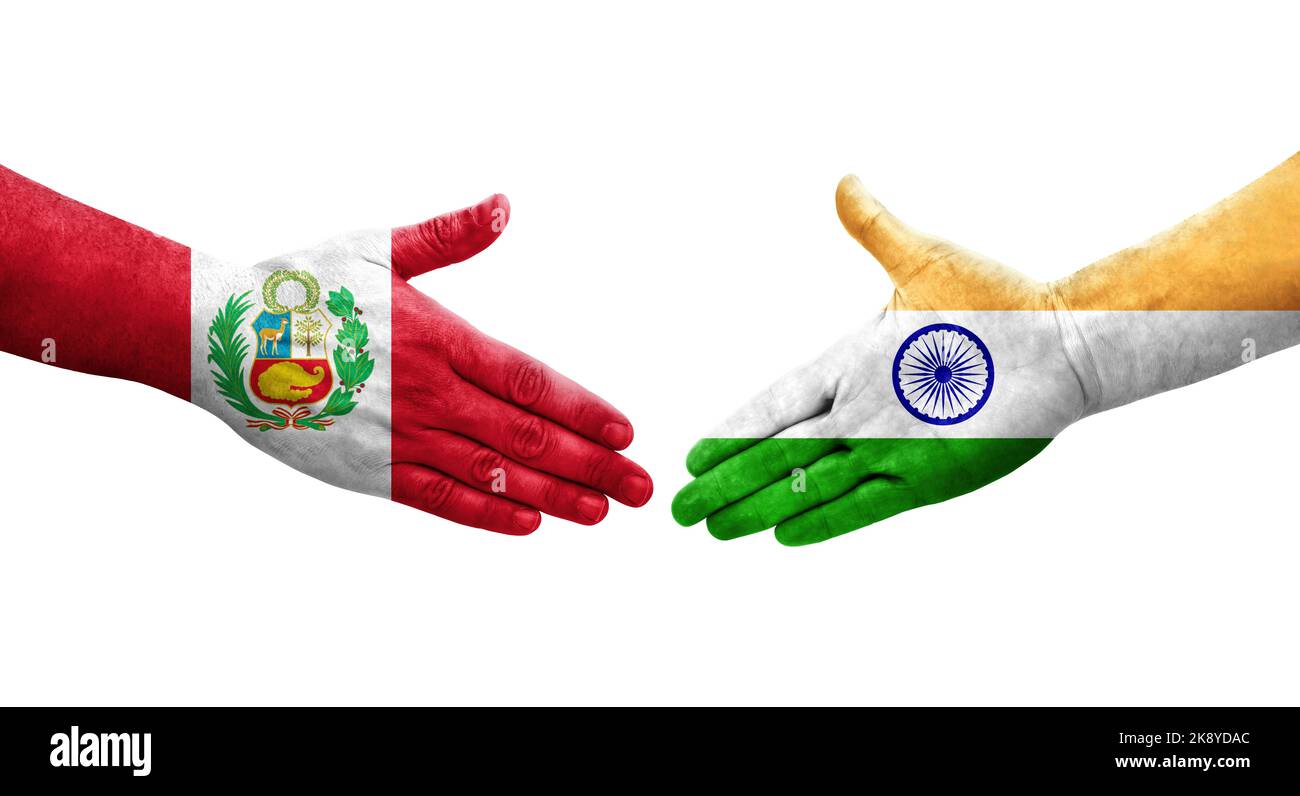 Handshake between India and Peru flags painted on hands, isolated ...