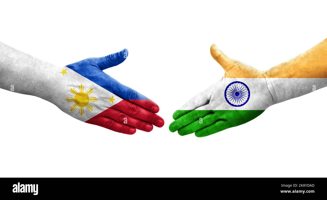 Handshake between India and Philippines flags painted on hands ...