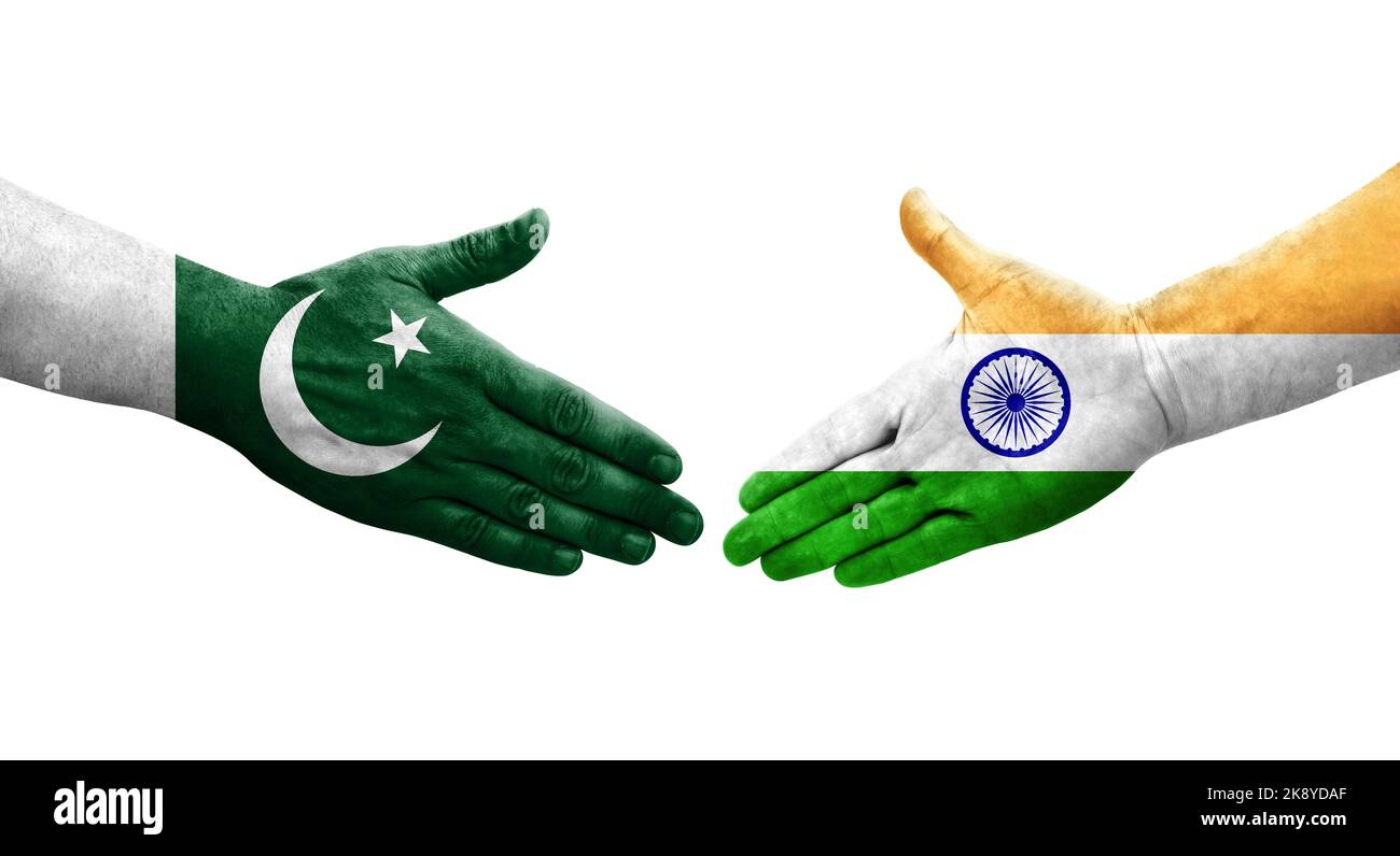 Handshake between India and Pakistan flags painted on hands, isolated ...