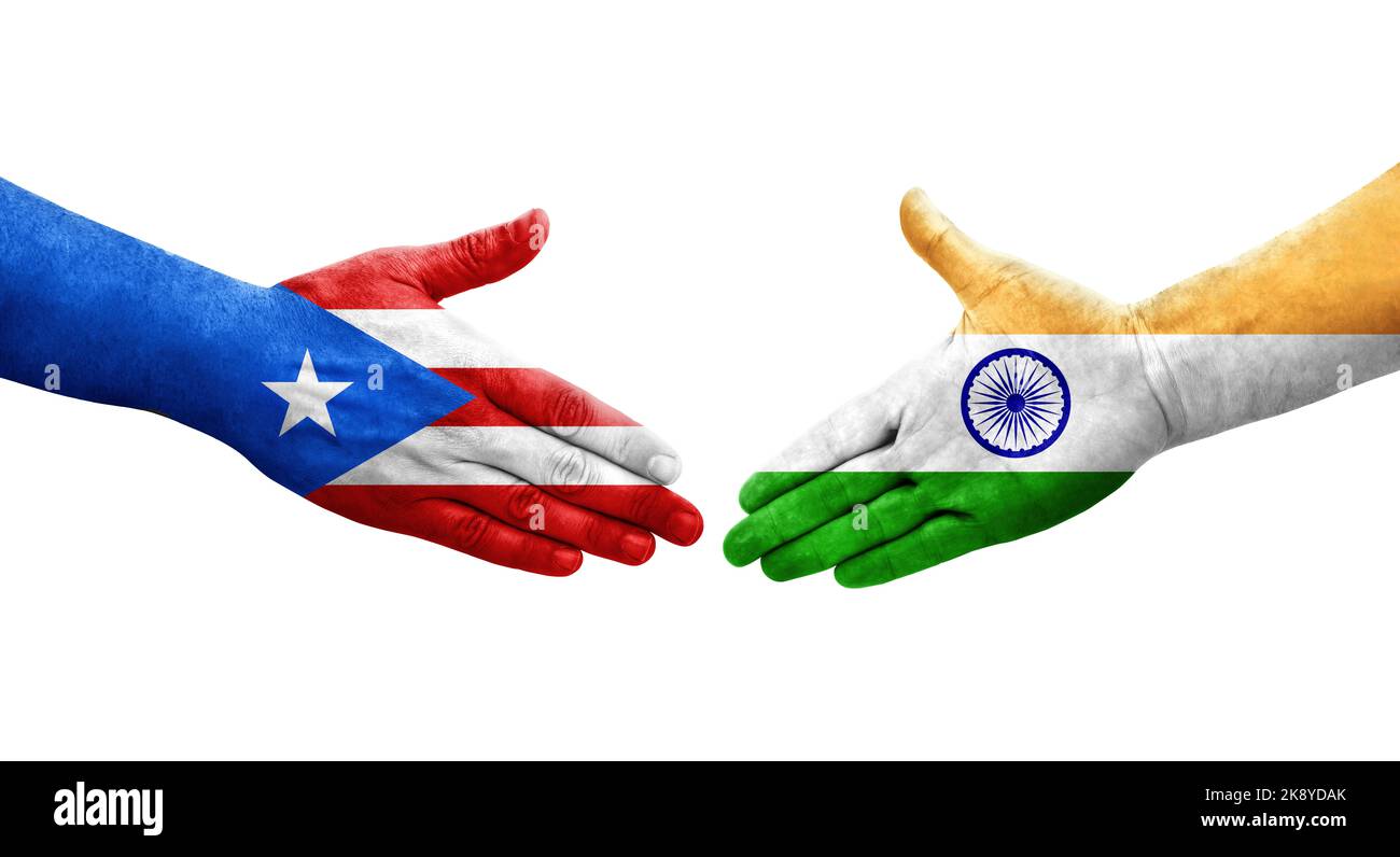 Handshake between India and Puerto Rico flags painted on hands ...