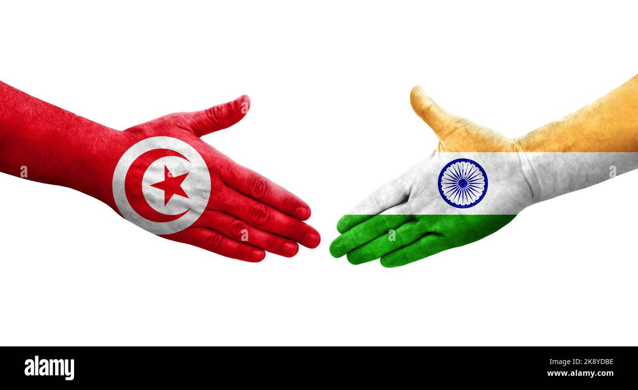 Handshake between India and Tunisia flags painted on hands, isolated ...