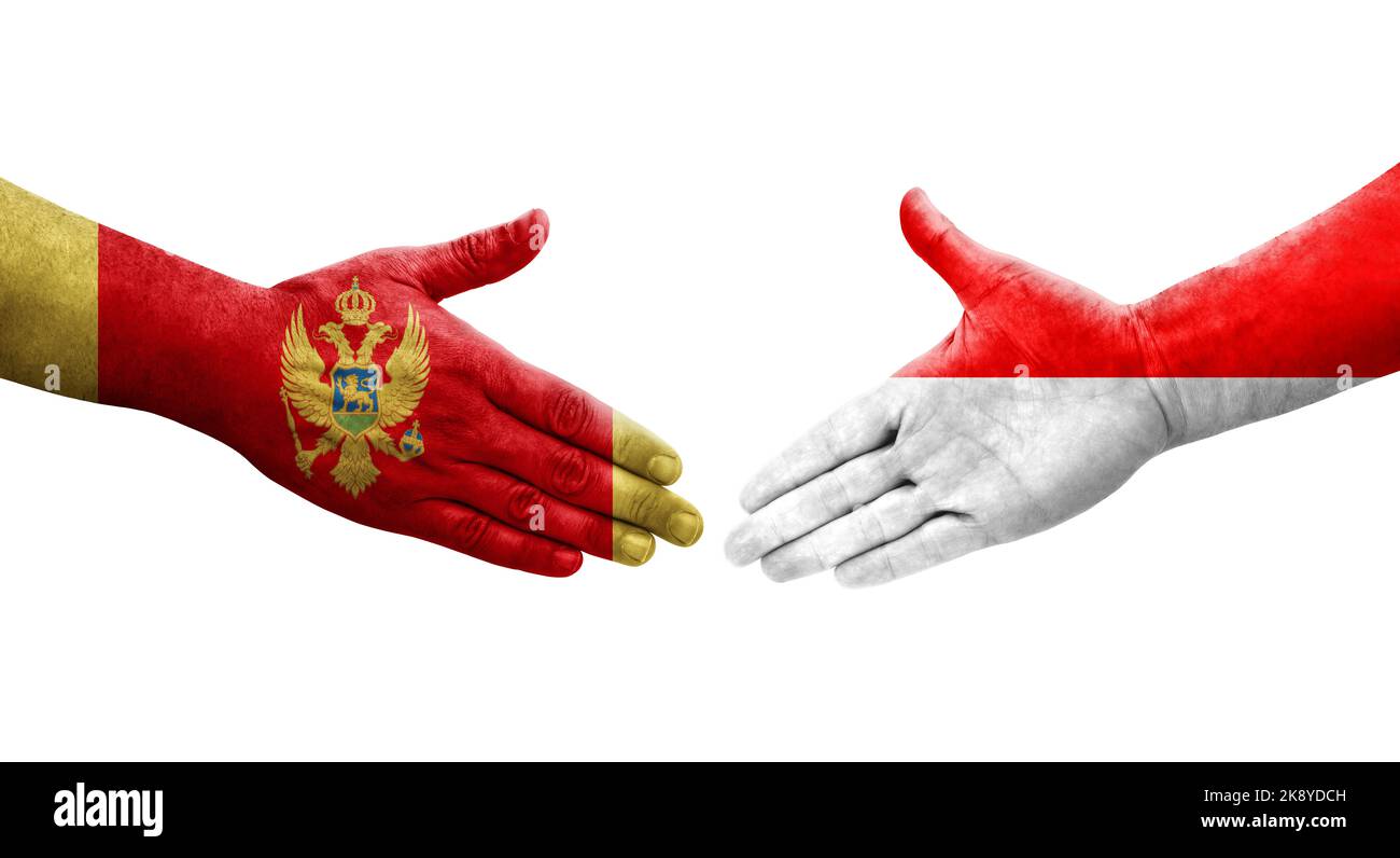 Handshake between Indonesia and Montenegro flags painted on hands ...