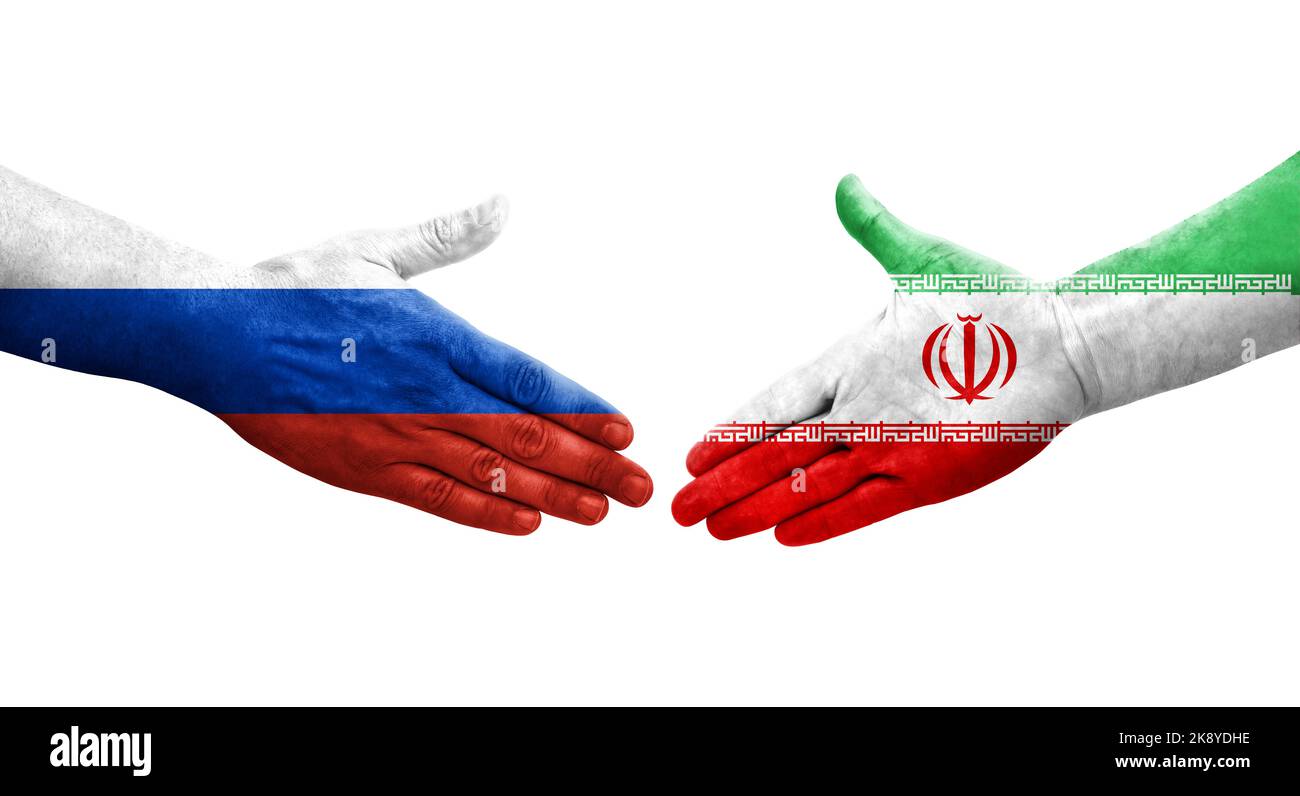 Handshake between Iran and Russia flags painted on hands, isolated ...