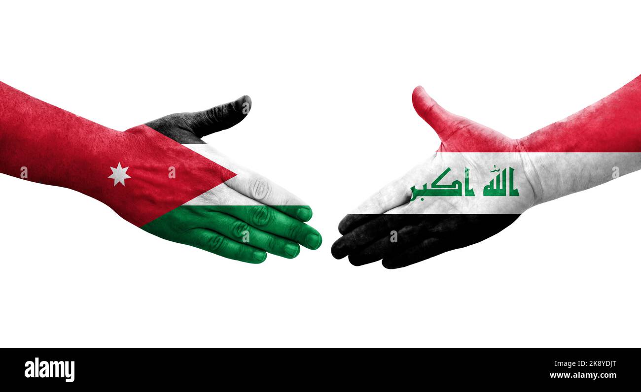 Handshake between Iraq and Jordan flags painted on hands, isolated ...