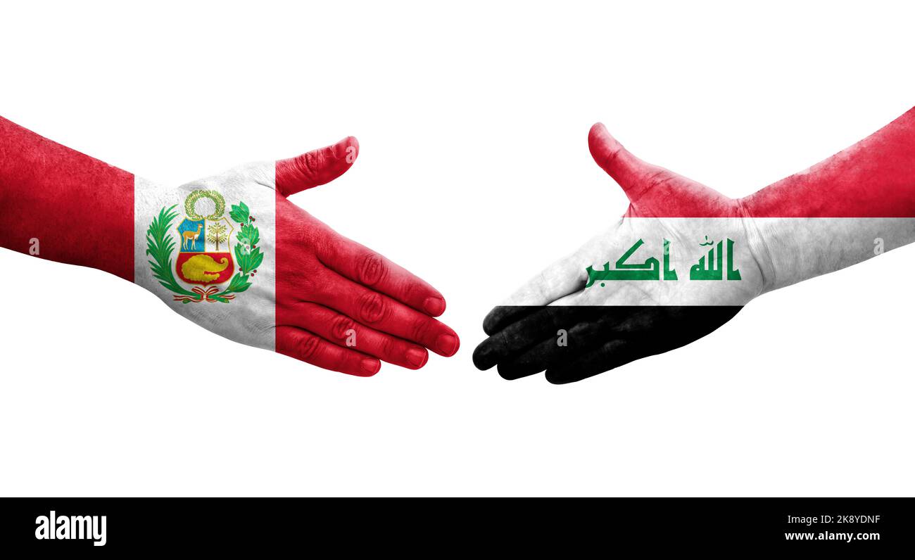 Handshake between Iraq and Peru flags painted on hands, isolated ...