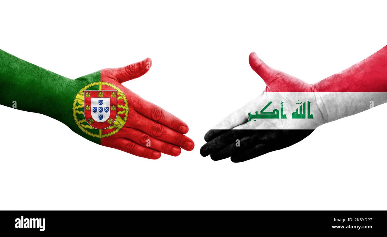 Handshake between Iraq and Portugal flags painted on hands, isolated ...