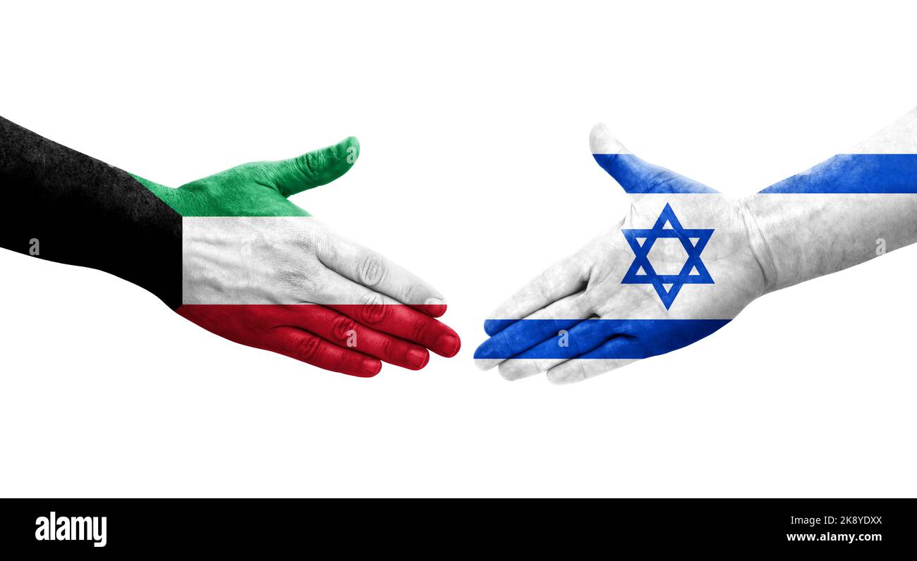 Handshake between Israel and Kuwait flags painted on hands, isolated ...