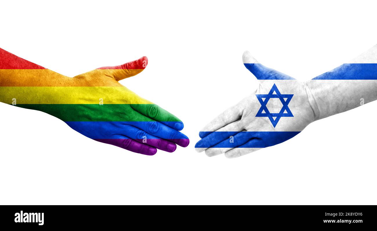 Handshake between Israel and LGBT flags painted on hands, isolated ...