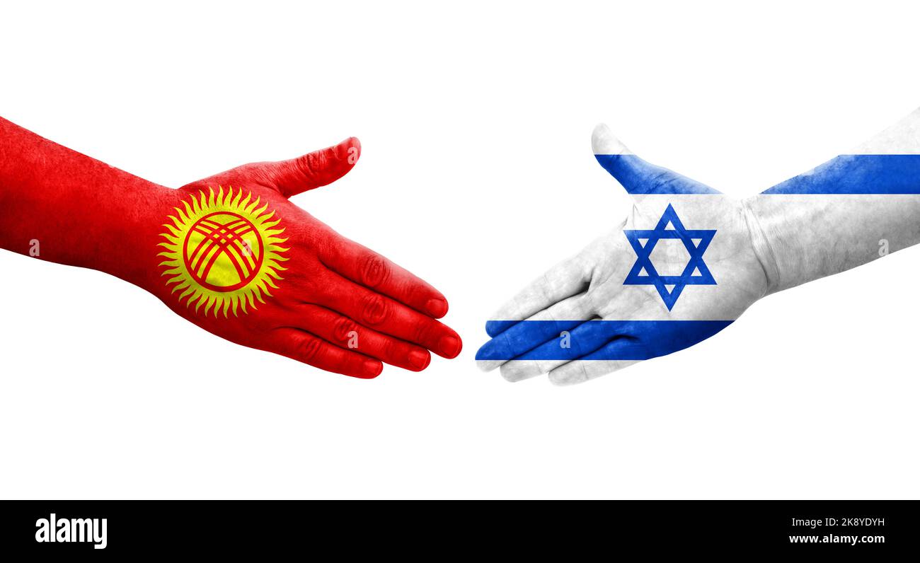 Handshake between Israel and Kyrgyzstan flags painted on hands ...