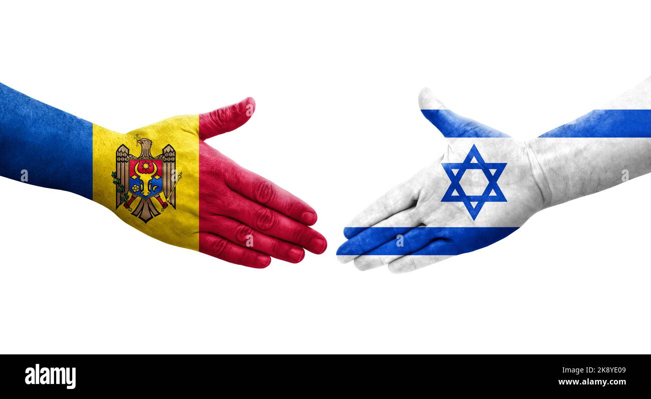 Handshake between Israel and Moldova flags painted on hands, isolated ...