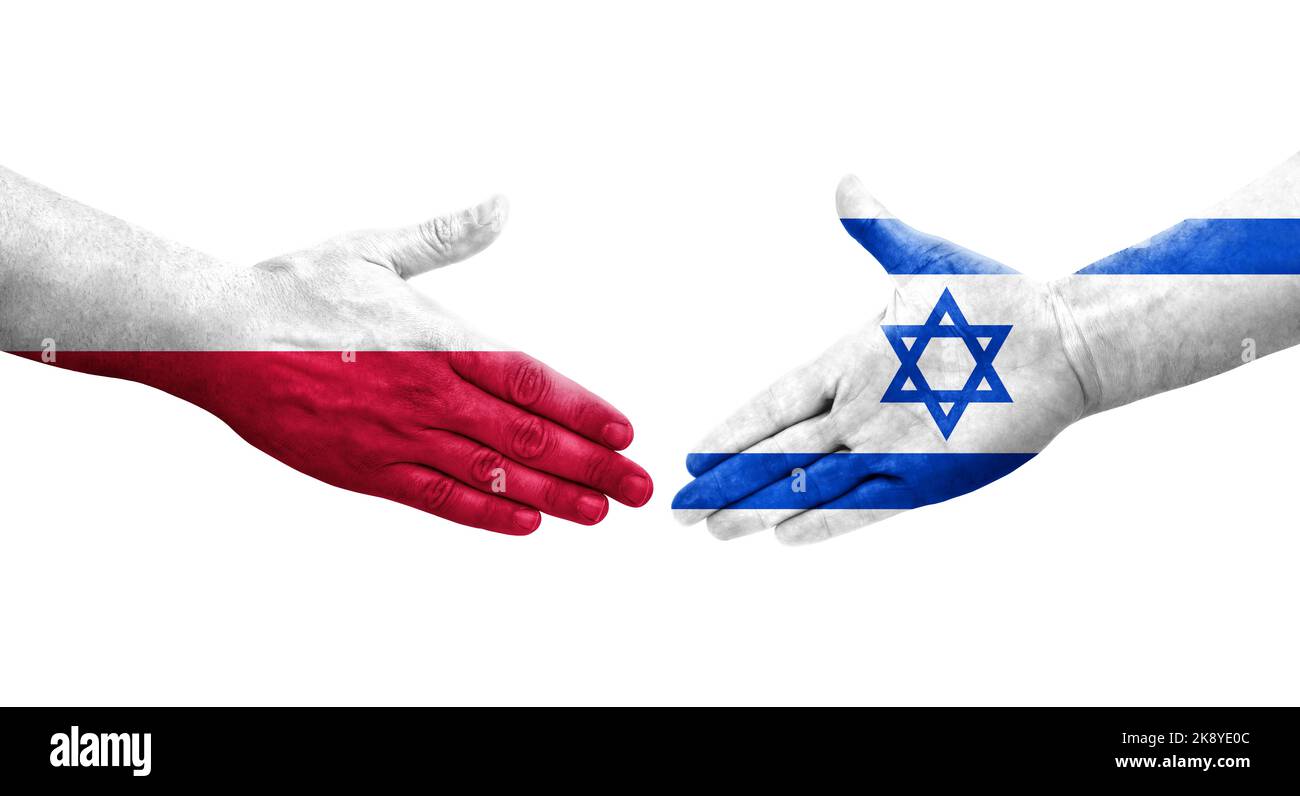 Handshake between Israel and Poland flags painted on hands, isolated ...
