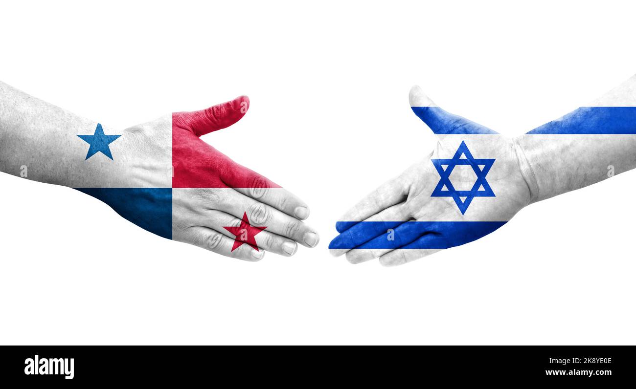 Handshake between Israel and Panama flags painted on hands, isolated ...