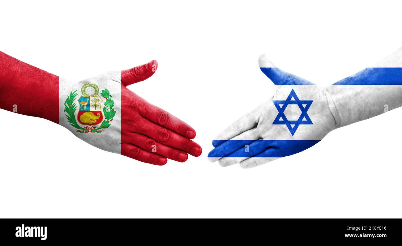 Handshake between Israel and Peru flags painted on hands, isolated ...