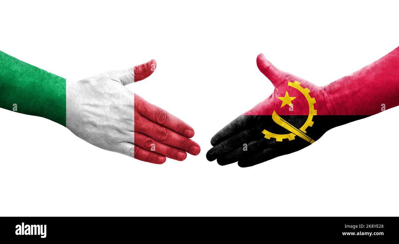 Handshake between Italy and Angola flags painted on hands, isolated ...