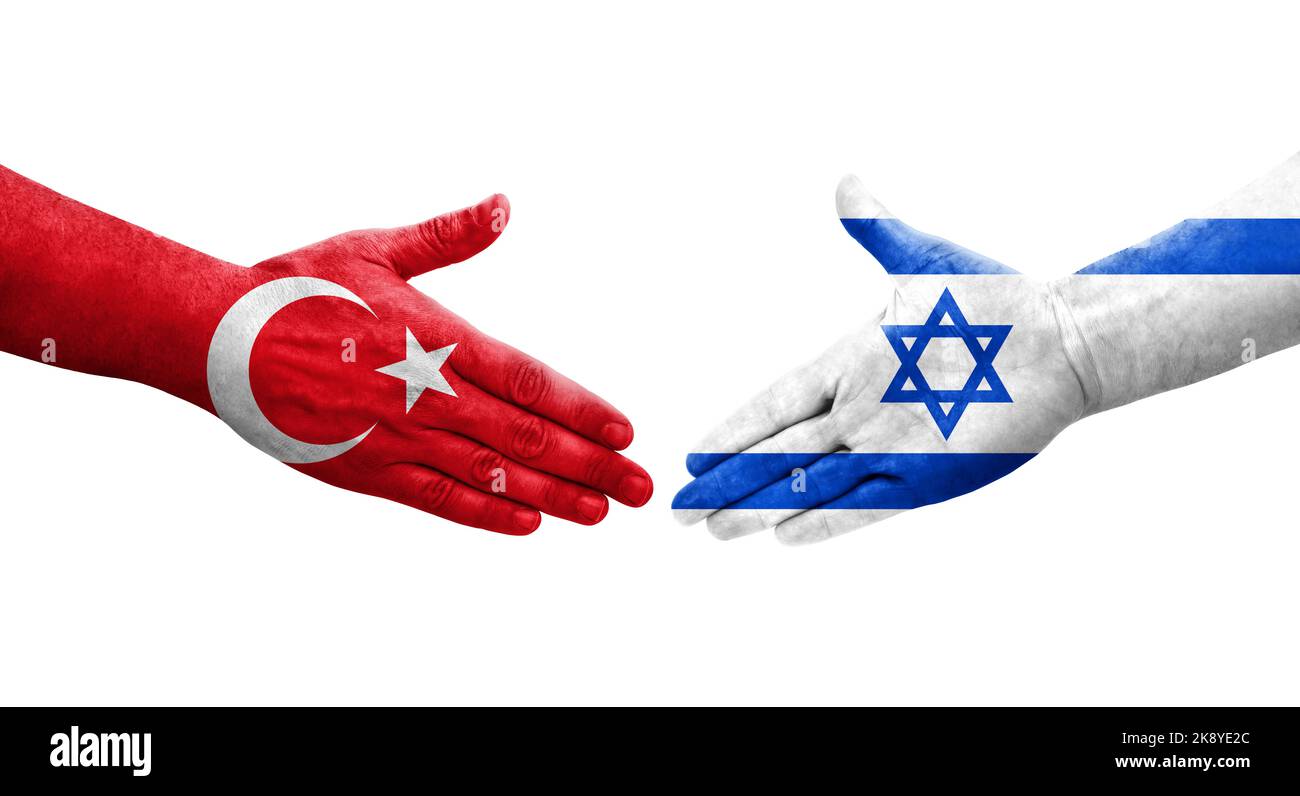 Handshake between Israel and Turkey flags painted on hands, isolated ...