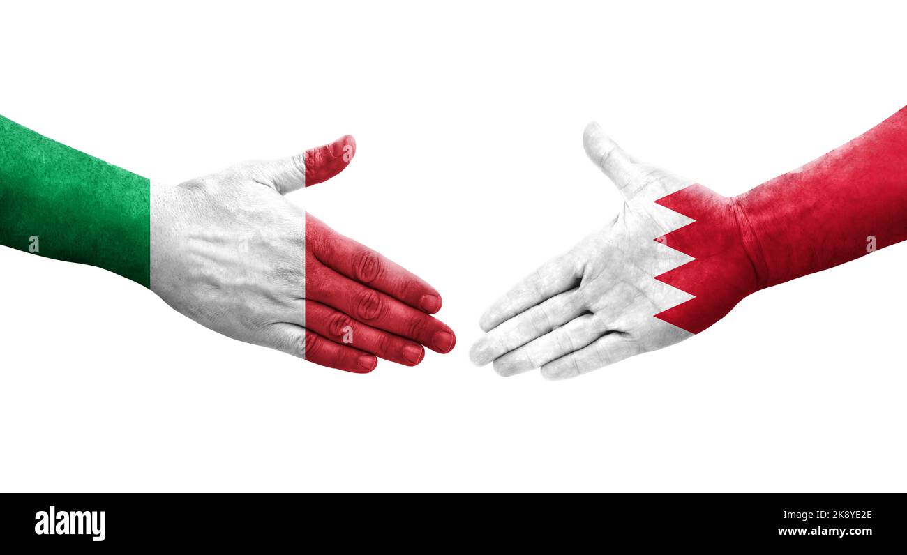 Handshake between Italy and Bahrain flags painted on hands, isolated ...
