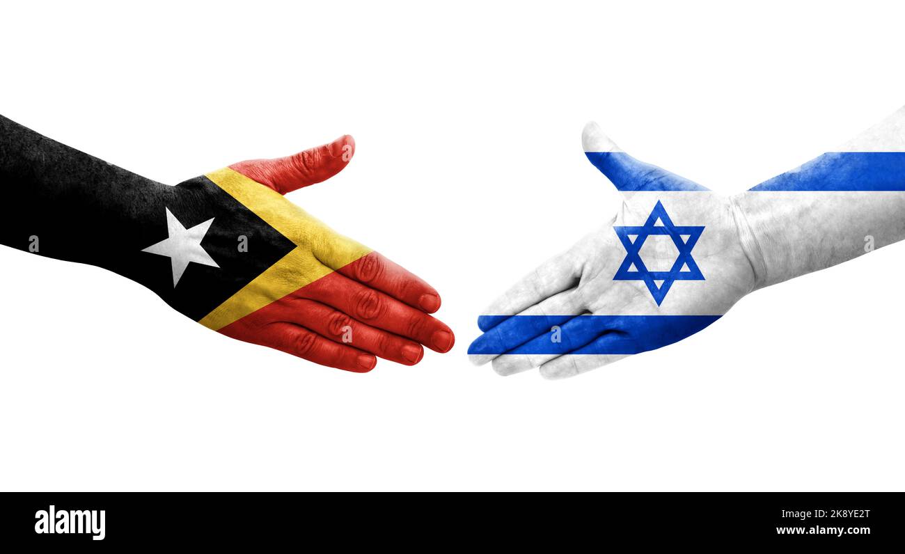 Handshake between Israel and Timor Leste flags painted on hands ...