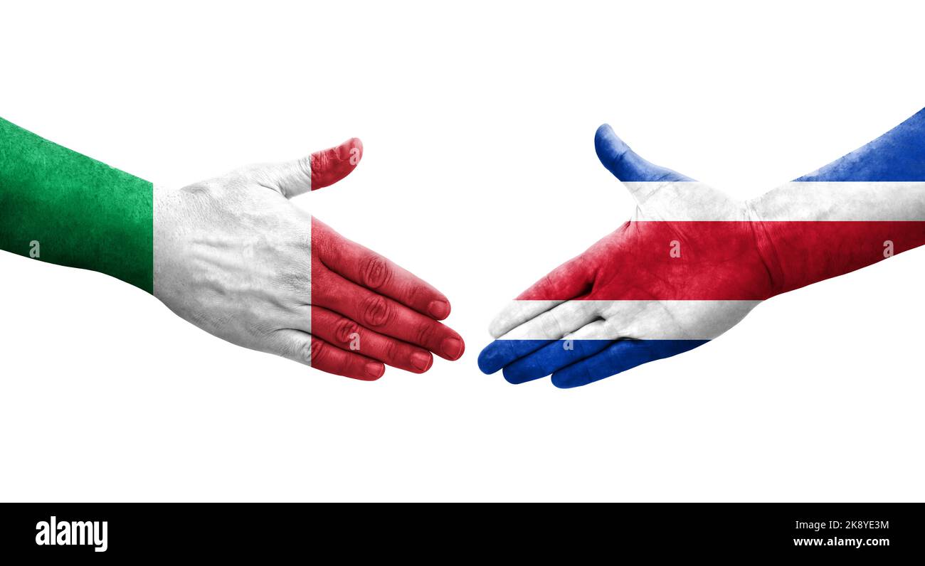 Handshake between Italy and Costa Rica flags painted on hands, isolated ...