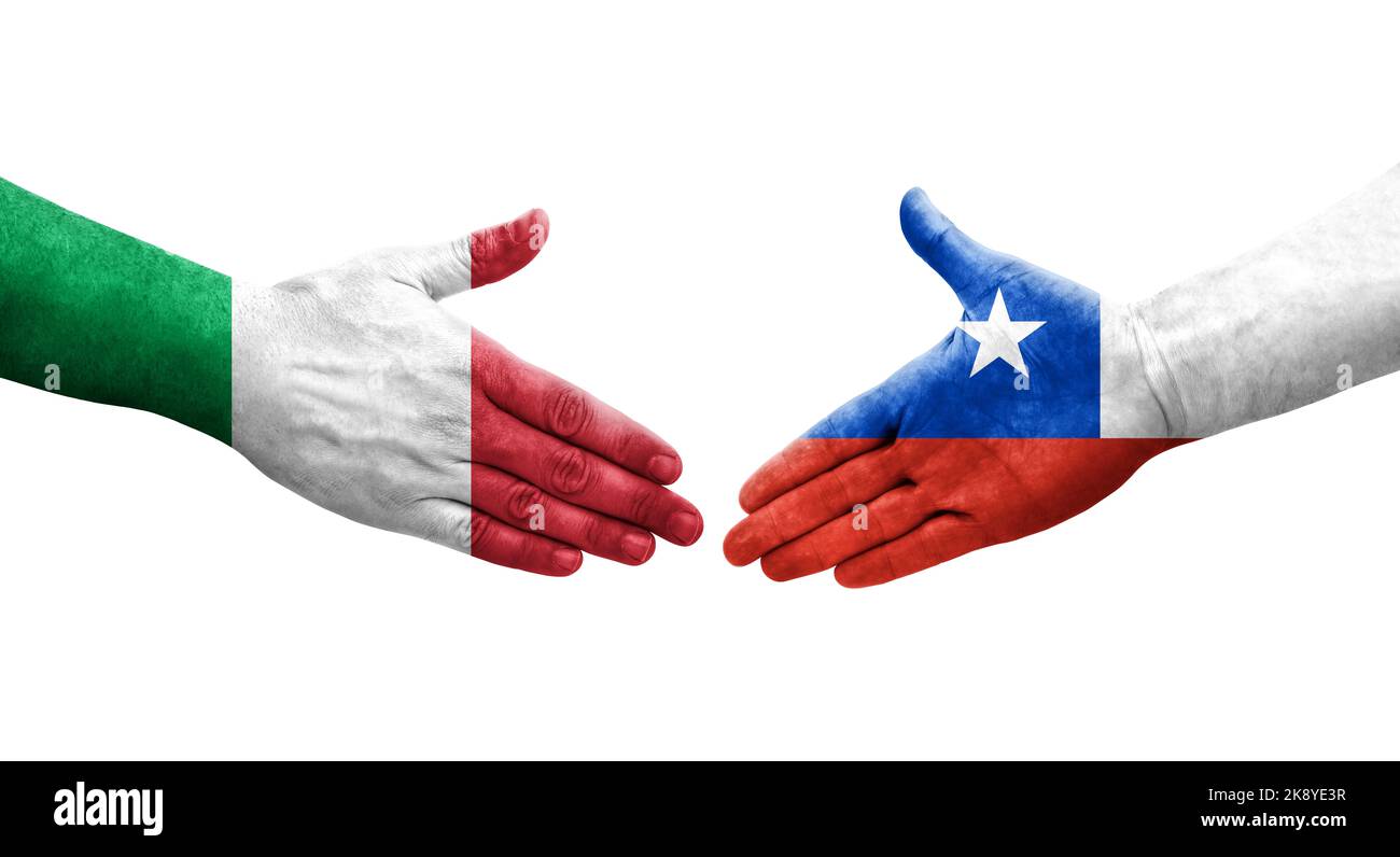 Handshake between Italy and Chile flags painted on hands, isolated ...