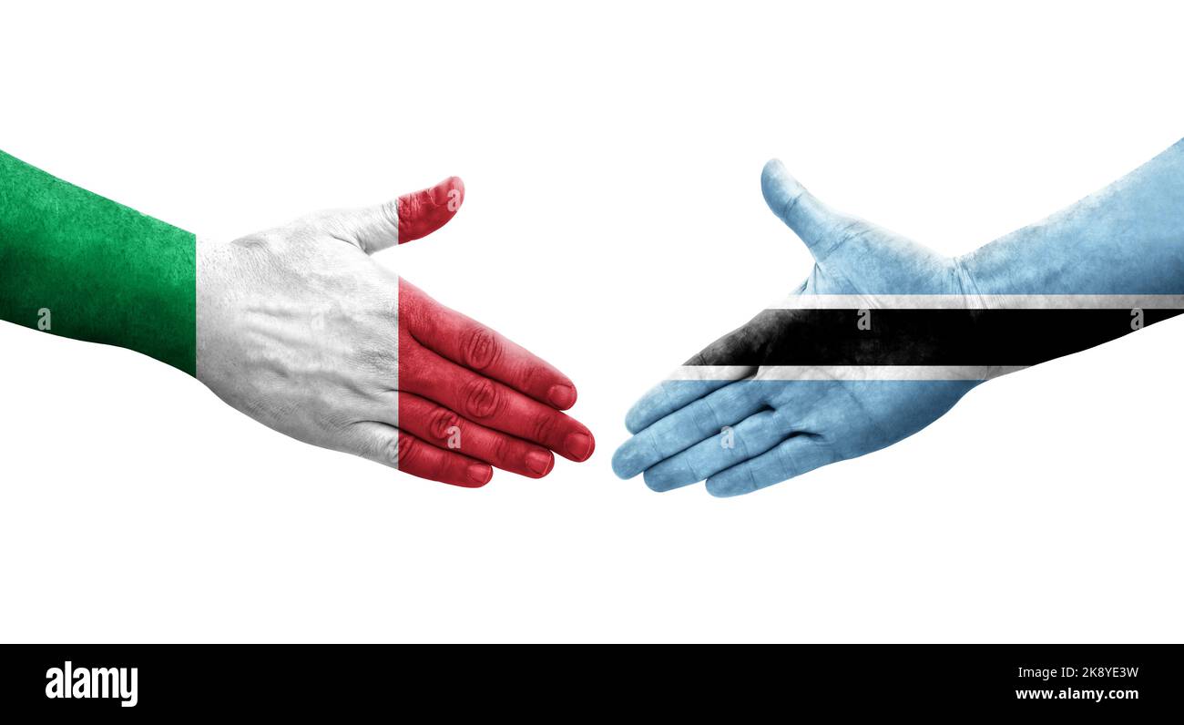 Handshake between Italy and Botswana flags painted on hands, isolated ...