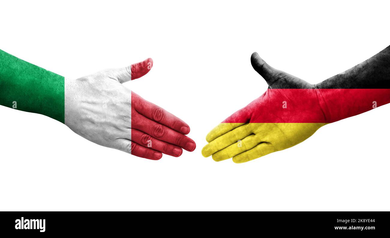 Handshake between Italy and Germany flags painted on hands, isolated ...
