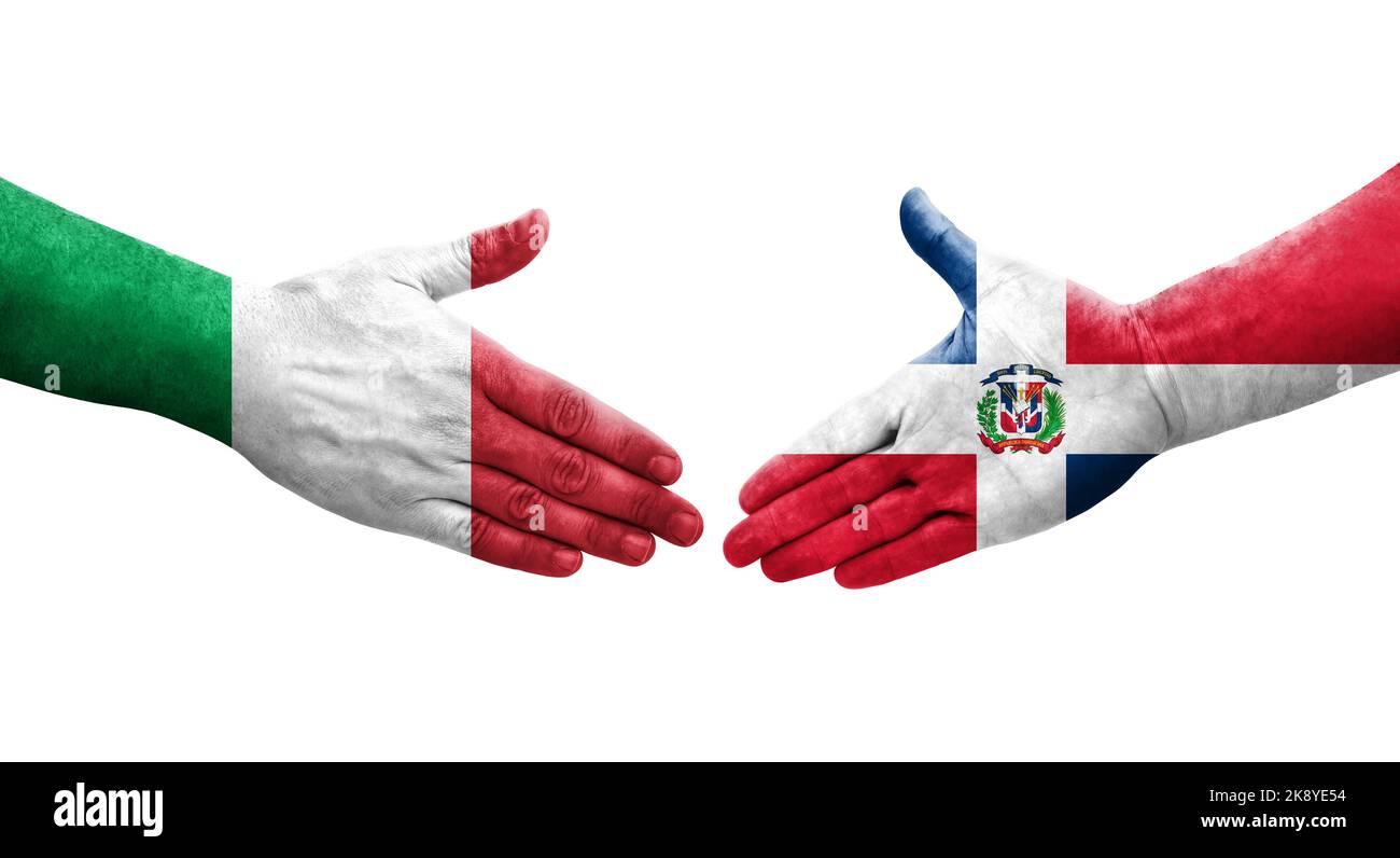 Handshake between Italy and Dominican Republic flags painted on hands ...