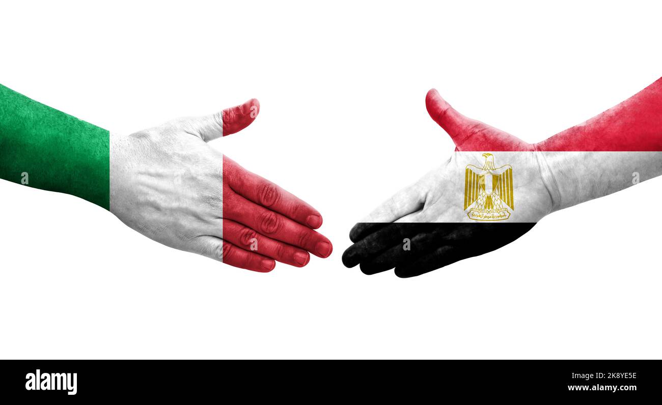 Handshake between Italy and Egypt flags painted on hands, isolated ...