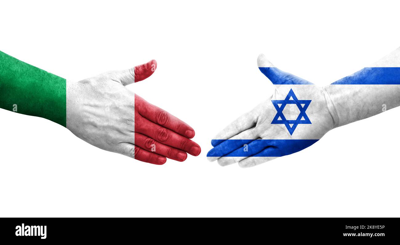 Handshake between Italy and Israel flags painted on hands, isolated ...