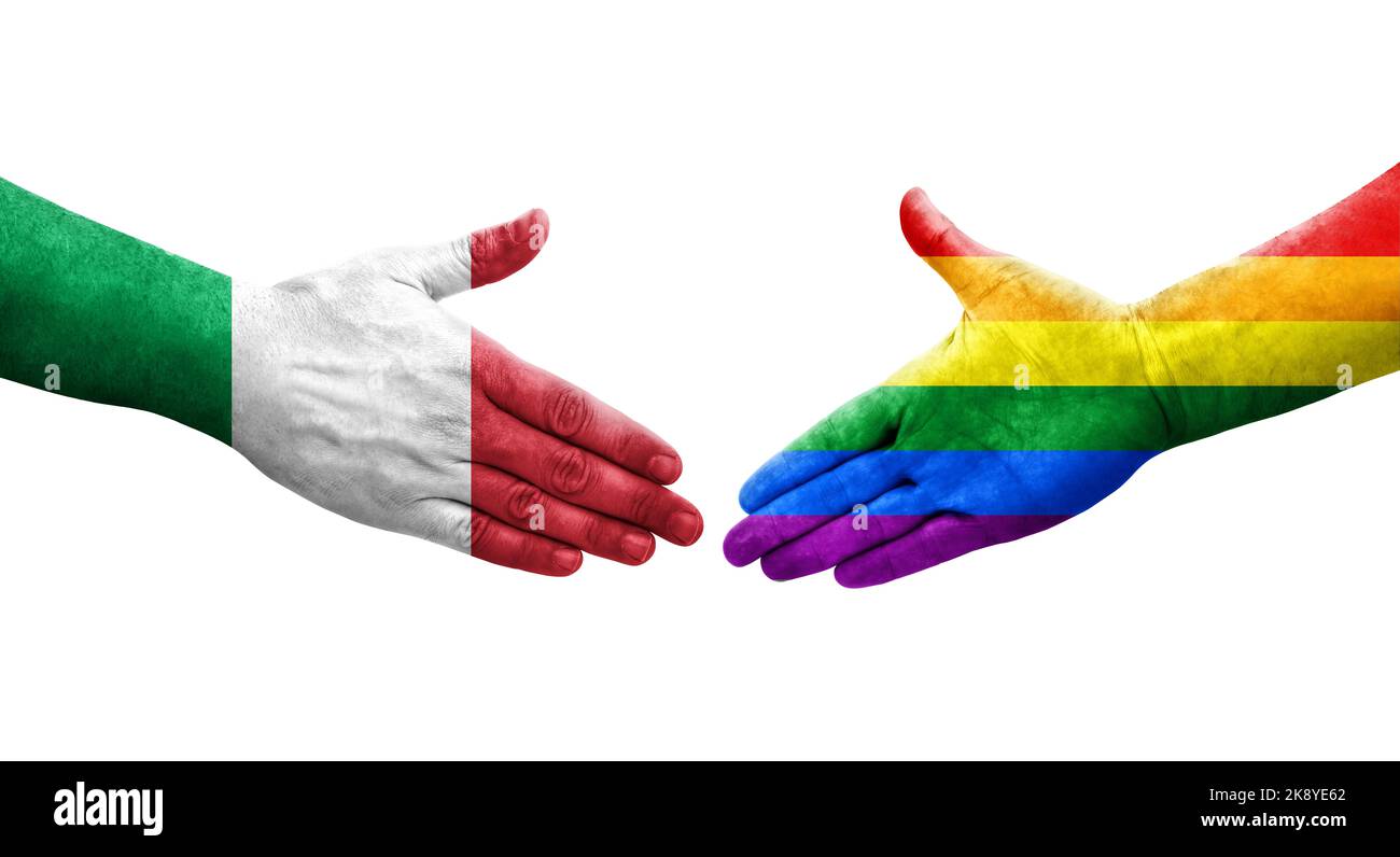 Handshake between Italy and LGBT flags painted on hands, isolated ...
