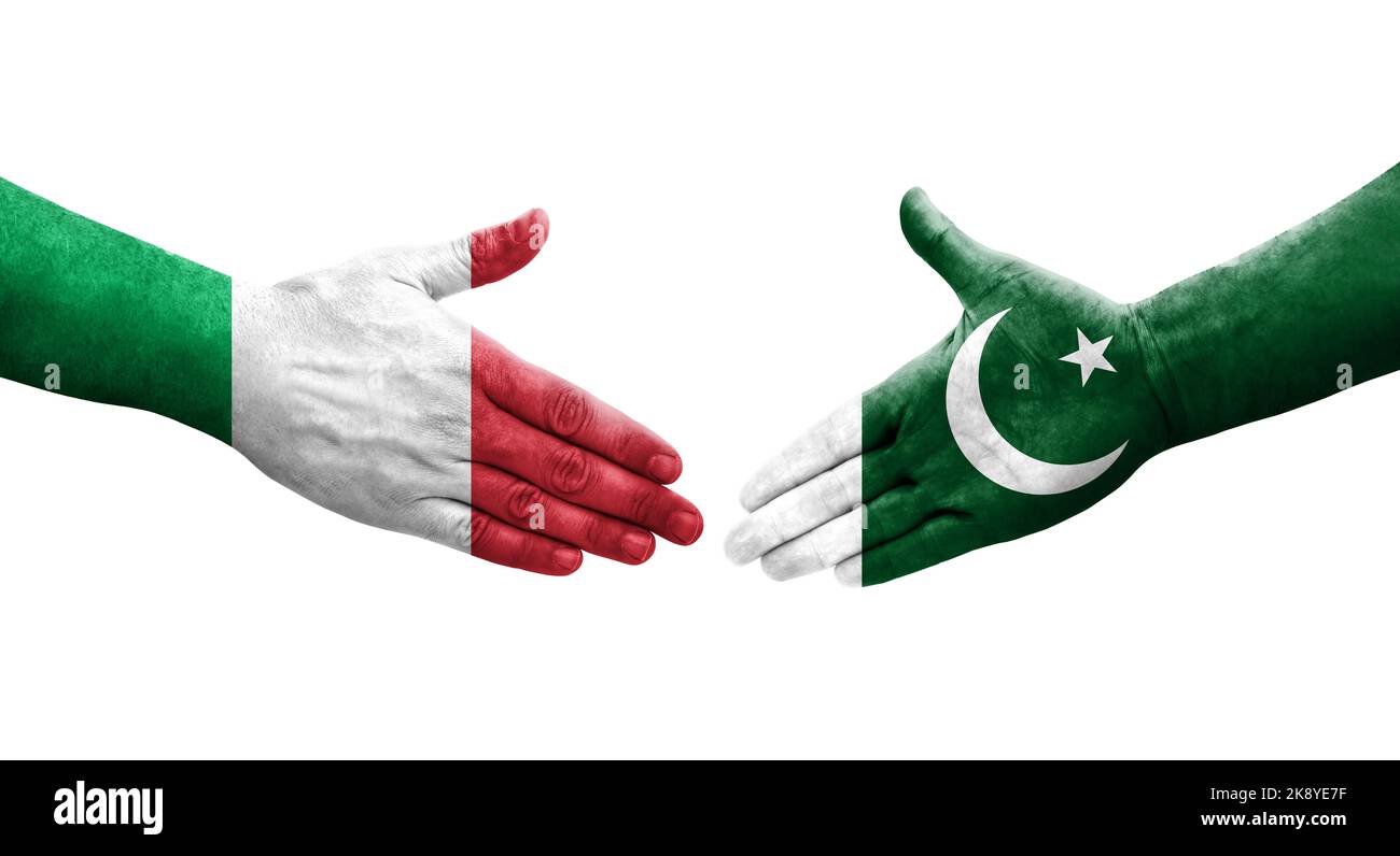 Handshake between Italy and Pakistan flags painted on hands, isolated ...