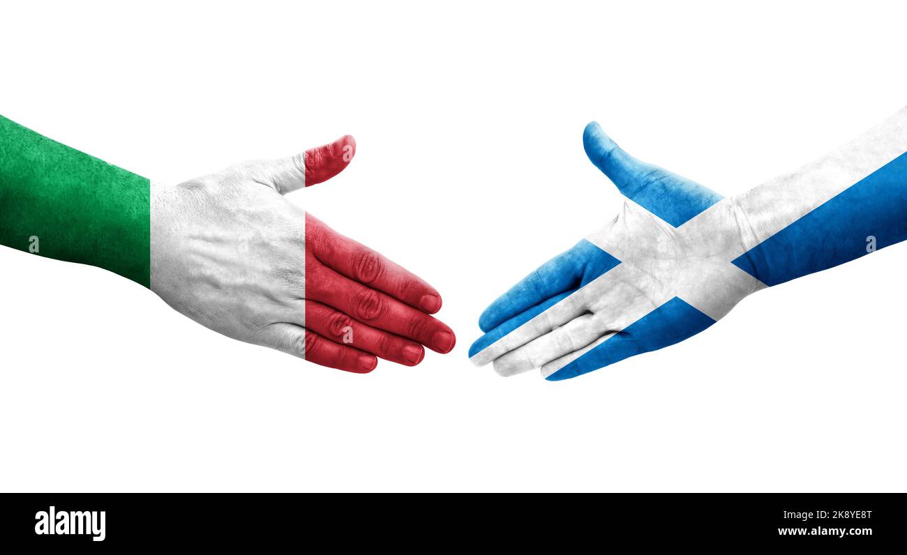 Handshake between Italy and Scotland flags painted on hands, isolated ...