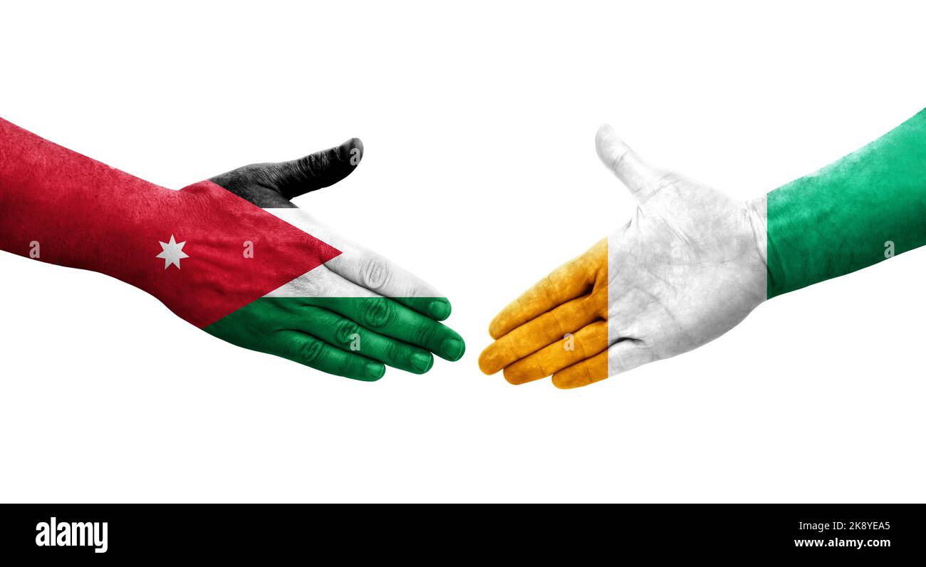 Handshake between Ivory Coast and Jordan flags painted on hands ...