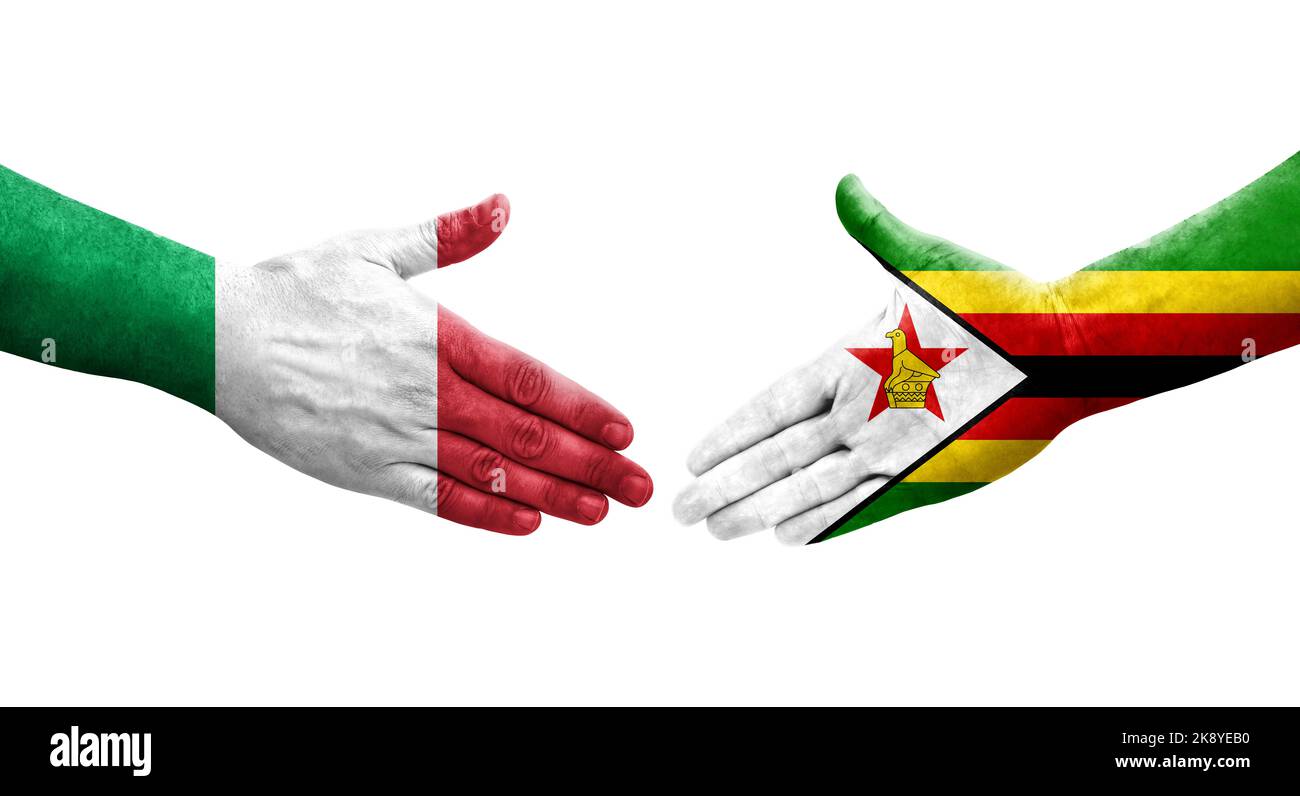 Handshake between Italy and Zimbabwe flags painted on hands, isolated ...