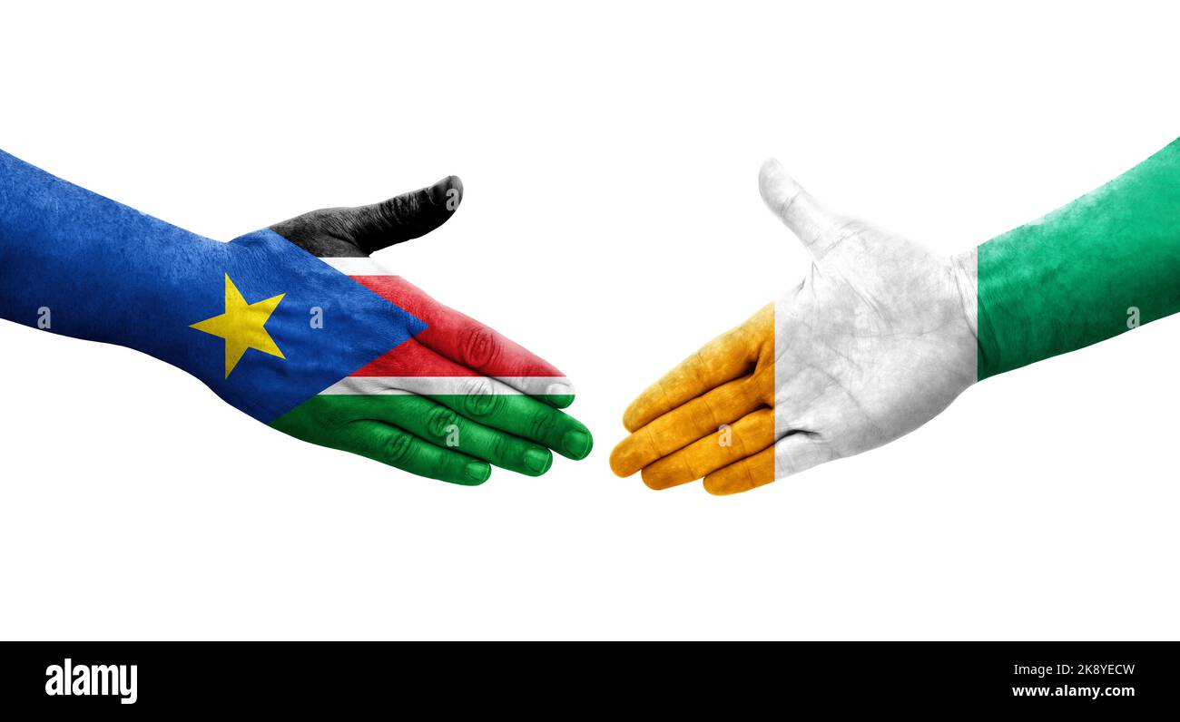 Handshake between Ivory Coast and South Sudan flags painted on hands ...