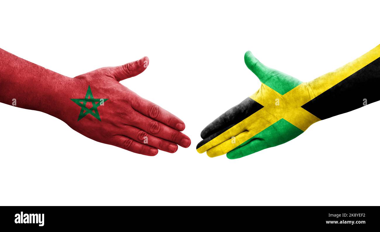Handshake between Jamaica and Morocco flags painted on hands, isolated ...